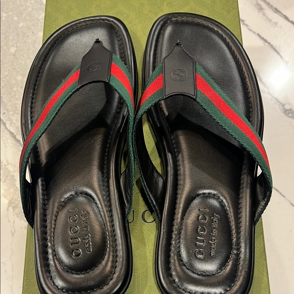 Gucci | Shoes | Gucci Black Sandals With Green And Red Stripes | Poshmark